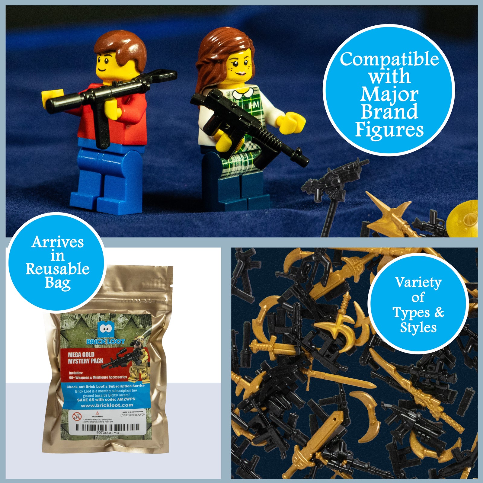 GOLD MEGA Pack- 90 Minifigure-scale Weapons and Accessories LEGO Compatible